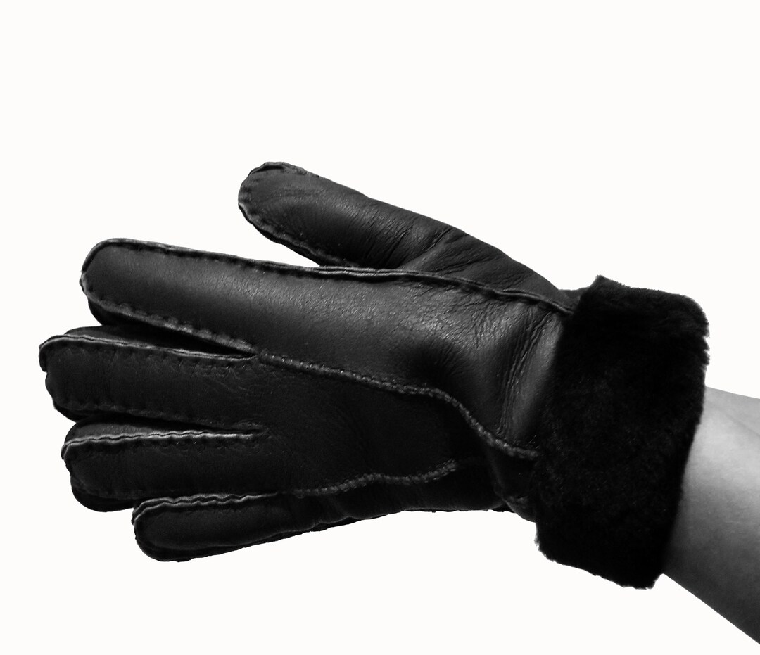 Warm Women Black Sheepskin Shearling Gloves Handmade Size S-M-L for ...