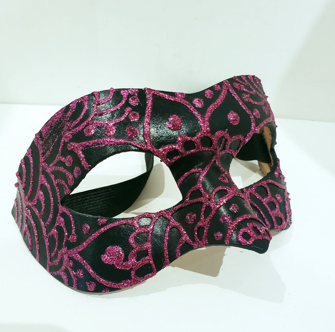 Black Leather Venetian Eye Mask Decorated With Fuchsia Colors Handmade ...