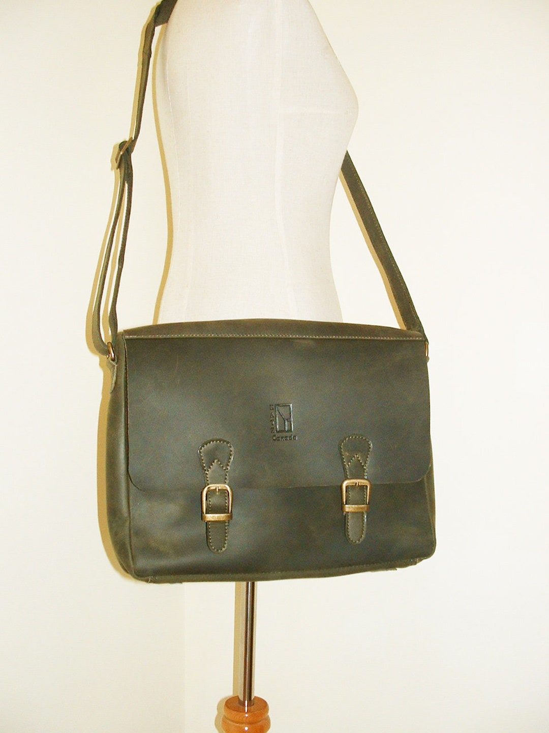 Handmade Green Leather Laptop Messenger Bag: Unisex Crossbody Satchel ...