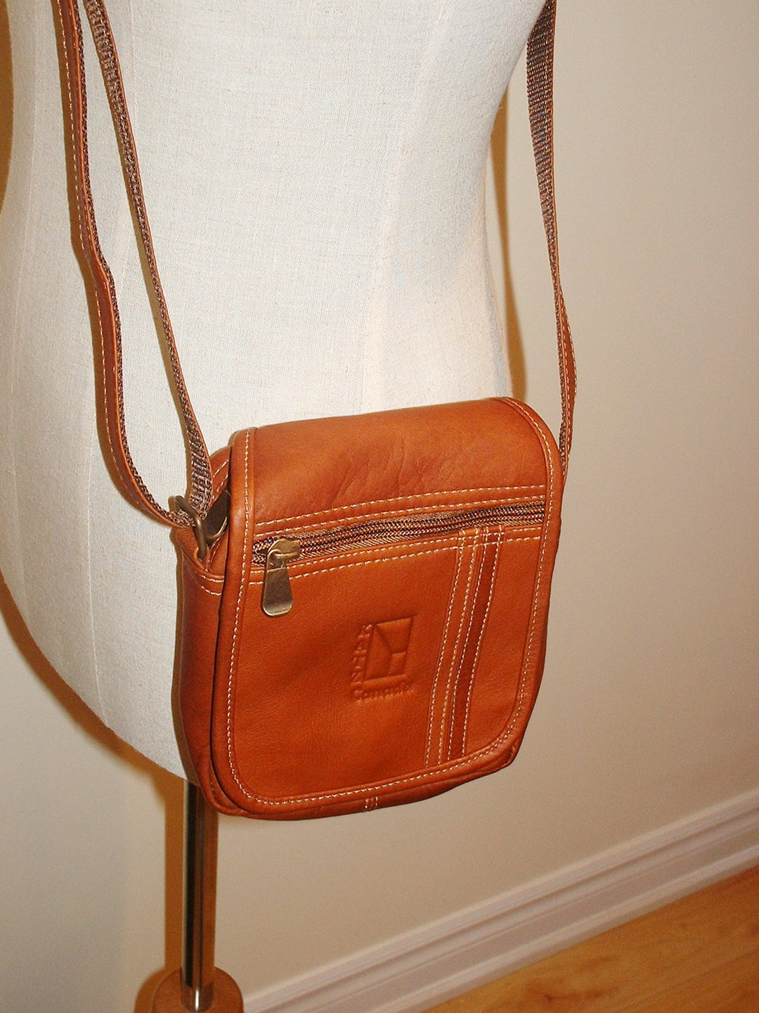 Small Tan GENUINE Leather Flap Crossbody Bag With Zippers Women's ...