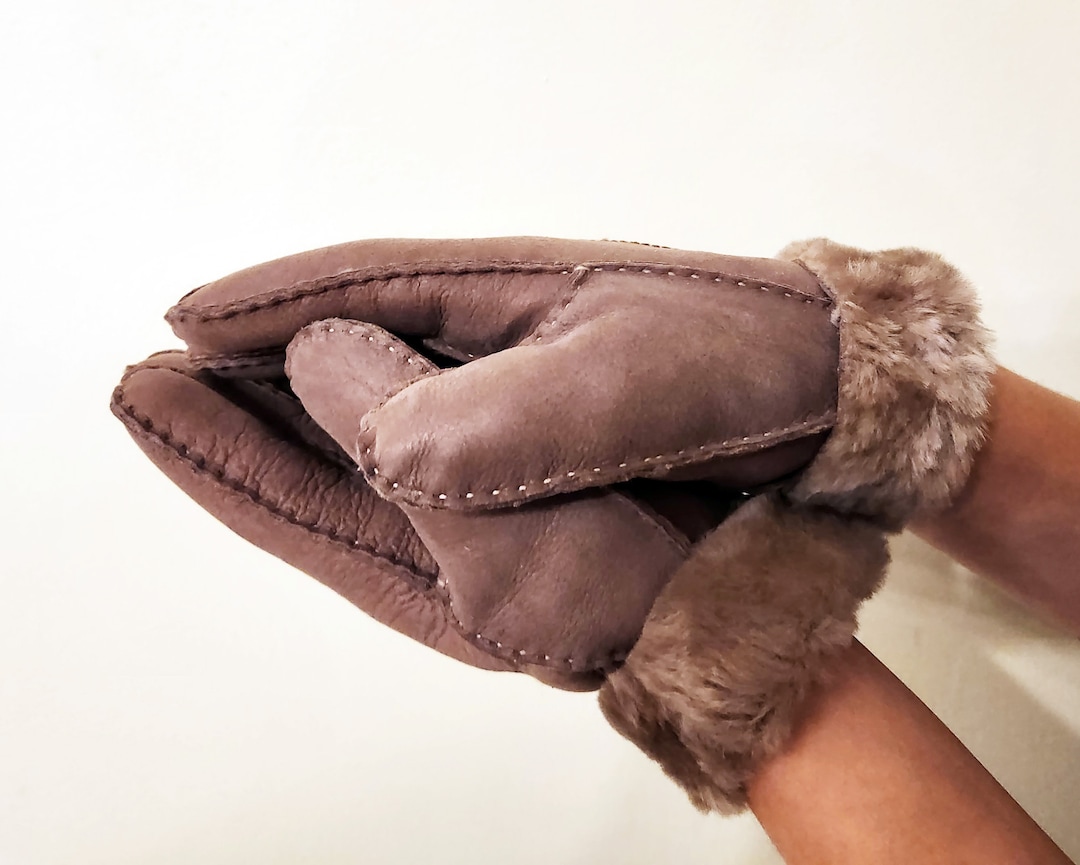Warm Women Greyish Pink Sheepskin Shearling Gloves Handmade Size S-M-L ...