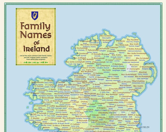 A4 Illustrated Map of Ireland Irish Surnames and Ancestry Wall Art Art ...