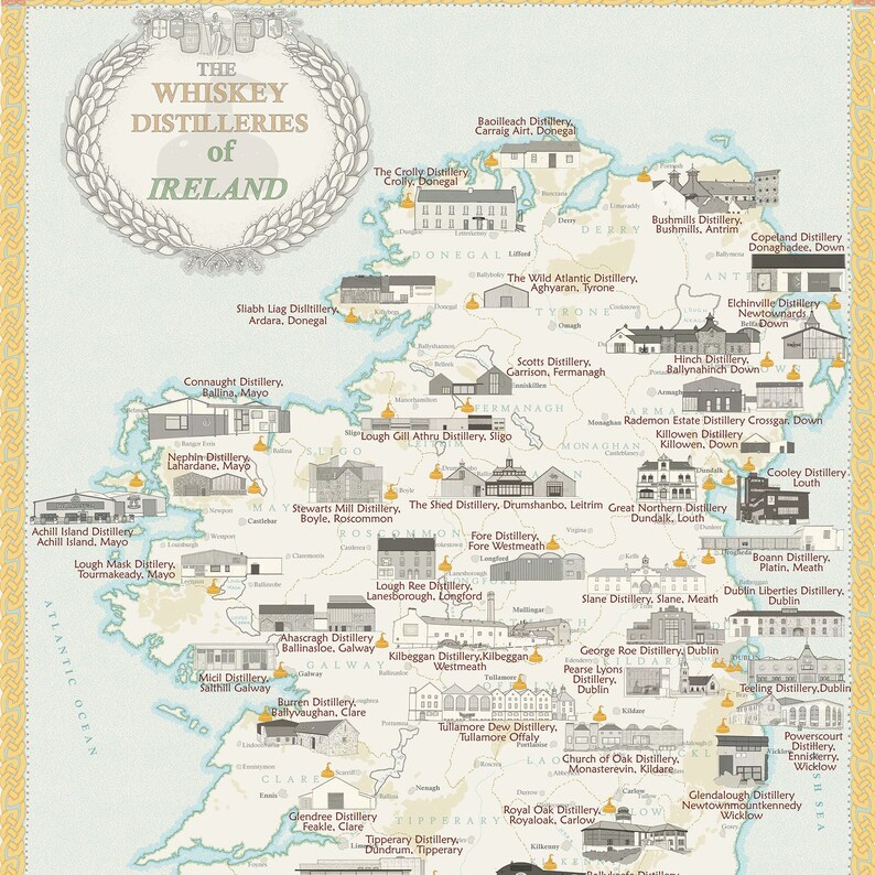 Whiskey Distilleries of Ireland Map, Illustrated Print - Etsy