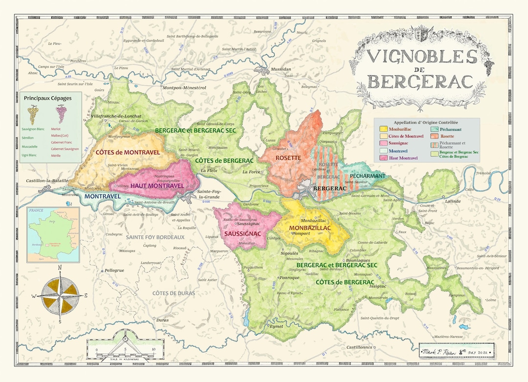Vineyards of Bergerac, France Wine Map. - Etsy