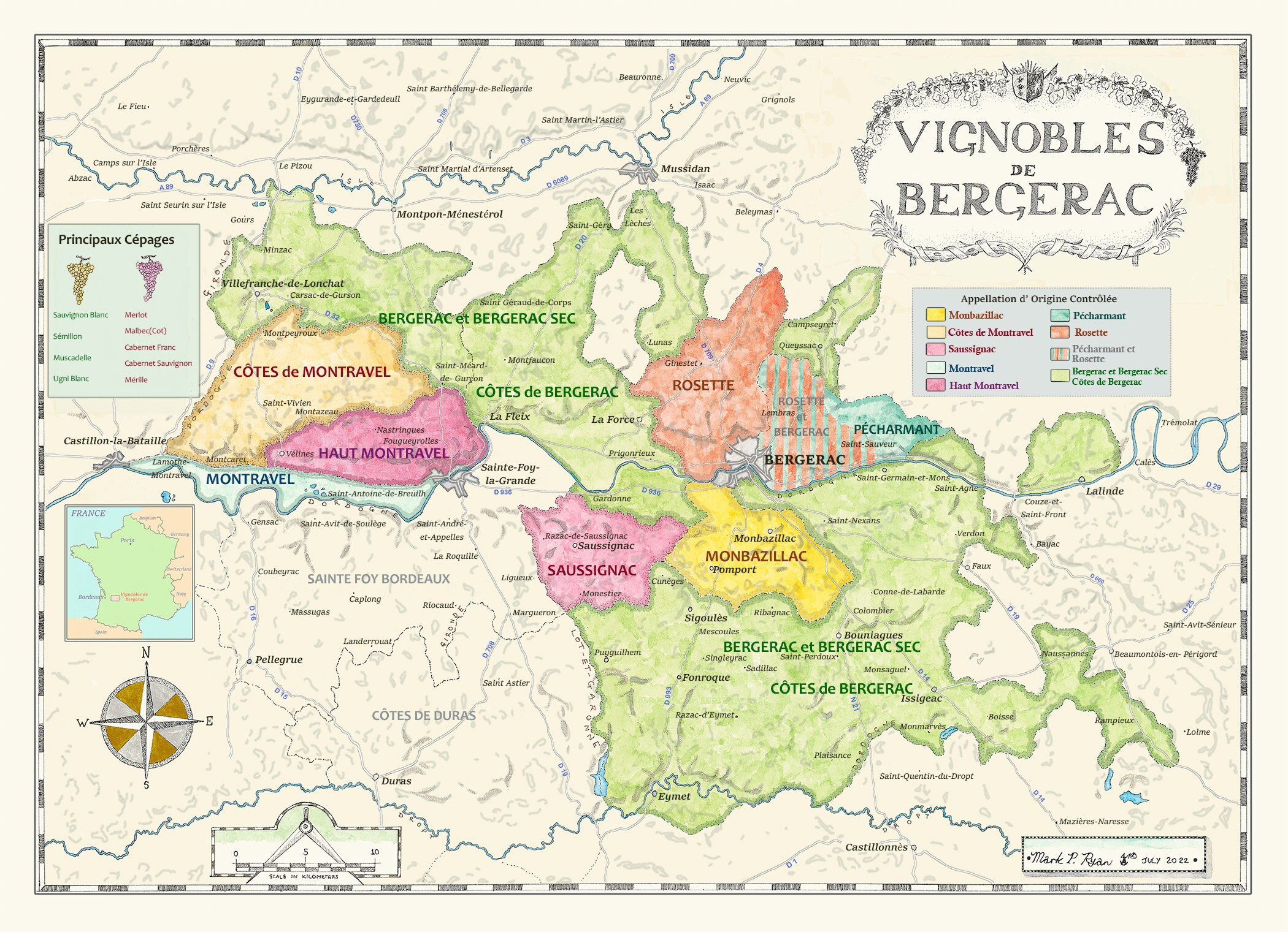 Vineyards of Bergerac, France Wine Map. - Etsy