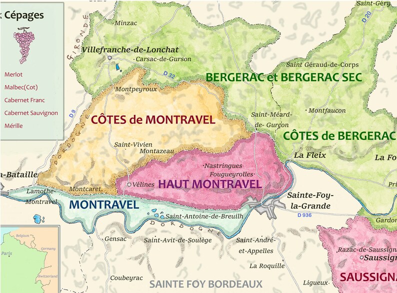 Vineyards of Bergerac, France Wine Map. - Etsy