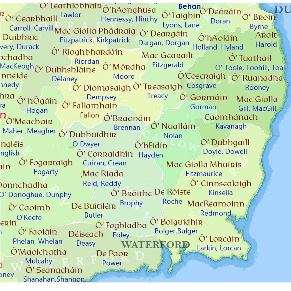 Family Names of Ireland Map, Irish Clan Names, Genealogy Map of Ireland ...