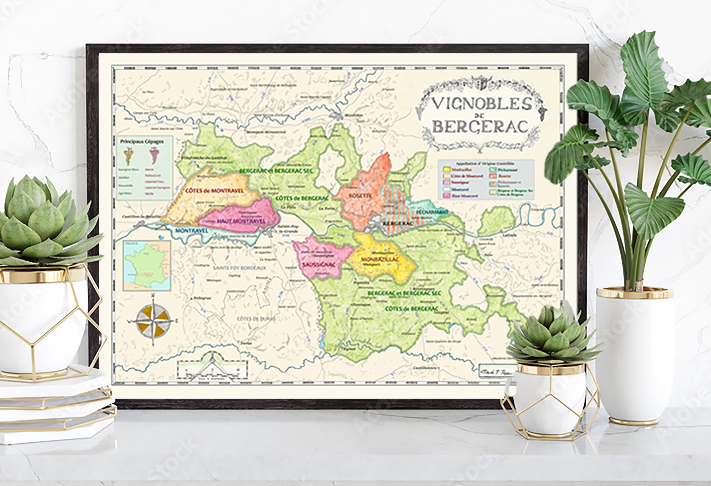 Vineyards of Bergerac, France Wine Map. - Etsy