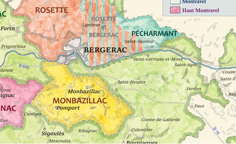 Vineyards of Bergerac, France Wine Map. - Etsy