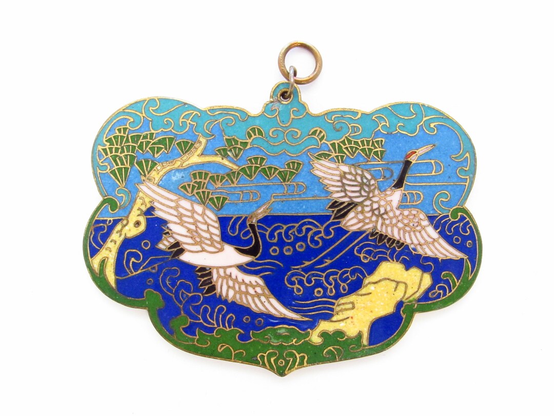 Vintage Brass Multicolor Cloisonne Cranes Flying Over Waterscape ...