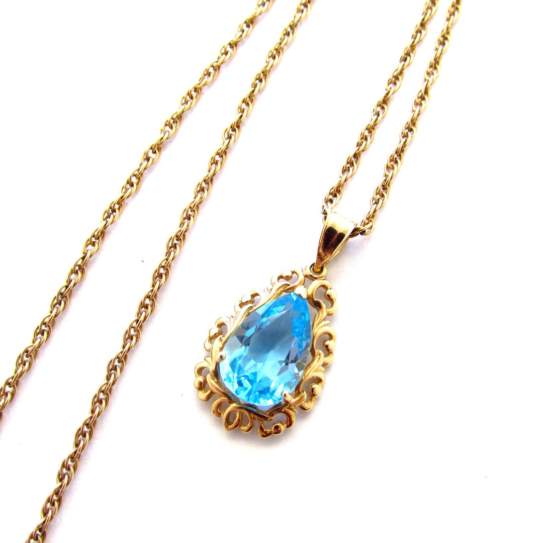 Vintage 14k Yellow Gold Sky Blue Topaz Teardrop Pendant Necklace With ...