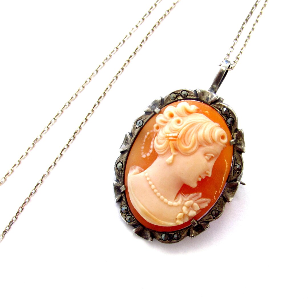 Antique Sterling Silver Portrait Cameo Pin Pendant With Marcasite ...