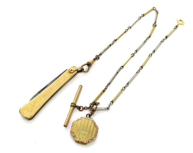 Antique White + Yellow Gold Filled 13 1/4" Long Bar Chain Link Pocket ...