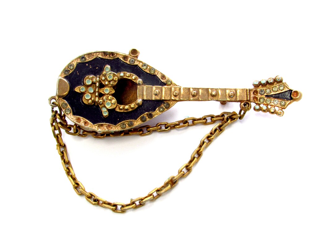 Antique Rose Gold Plate Rhinestone + Blue + Black Enameled Mandolin ...