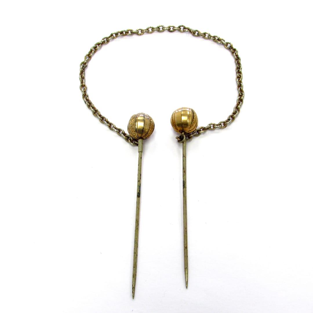 Antique Gold Plate Pair of Ornate Gold Ball Sweater Pins, Collar Pins ...