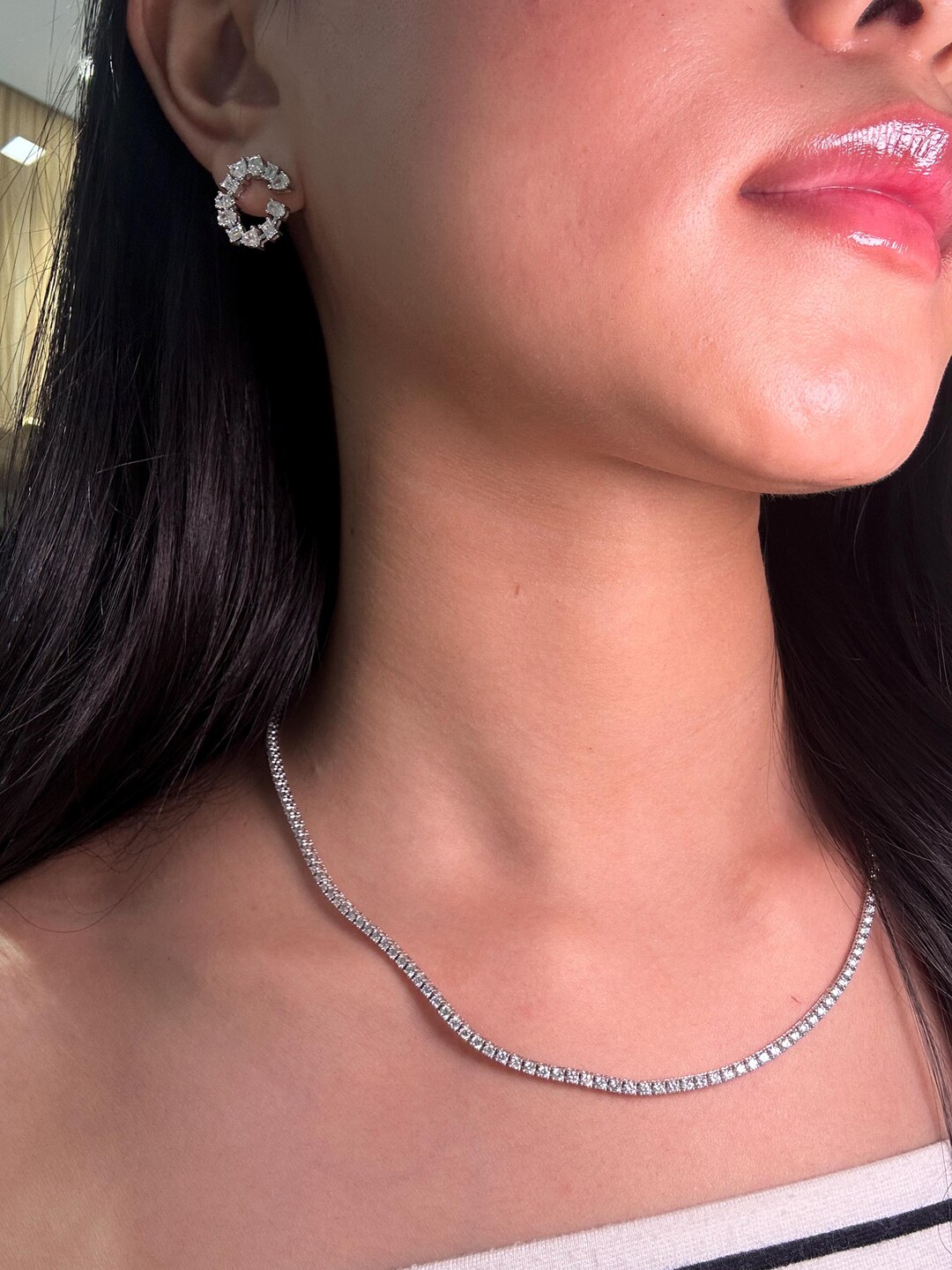 7 Carat Lab Grown Diamond Tennis Chain Necklace for Women in 14K White ...