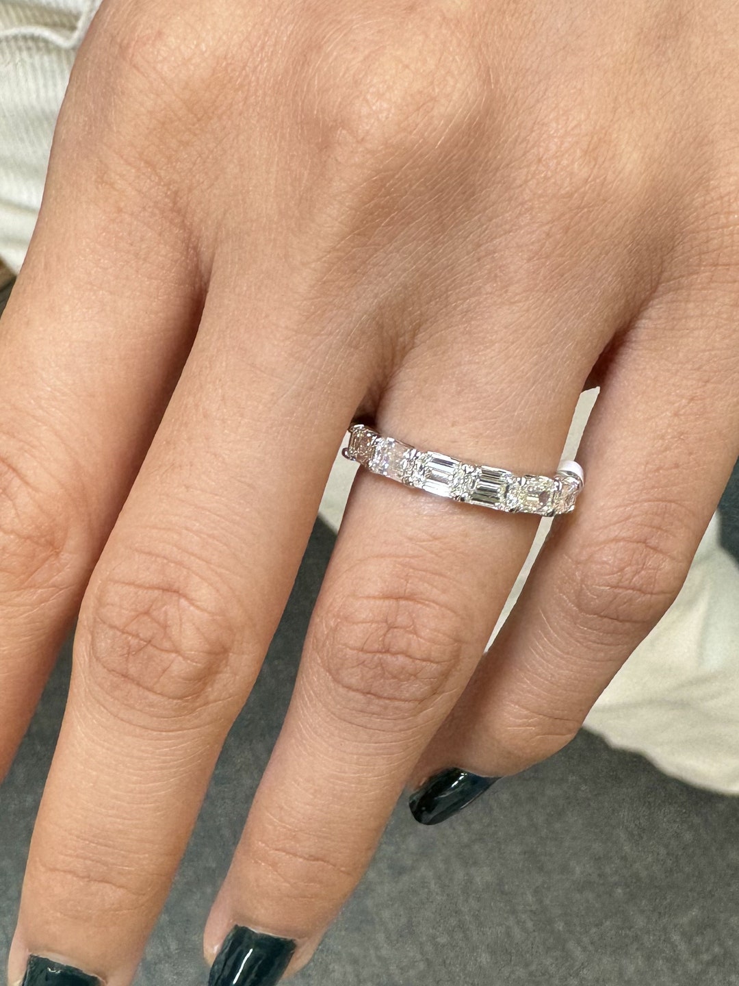 Horizontal Emerald Cut Diamond Ring in 18K White Gold, 1.72CTTW, F ...