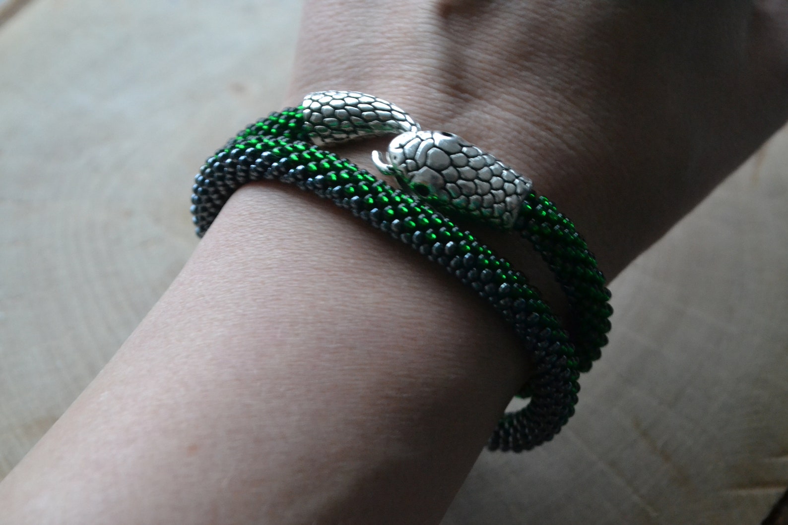 Beaded green snake head bracelet layering sparkling green and | Etsy