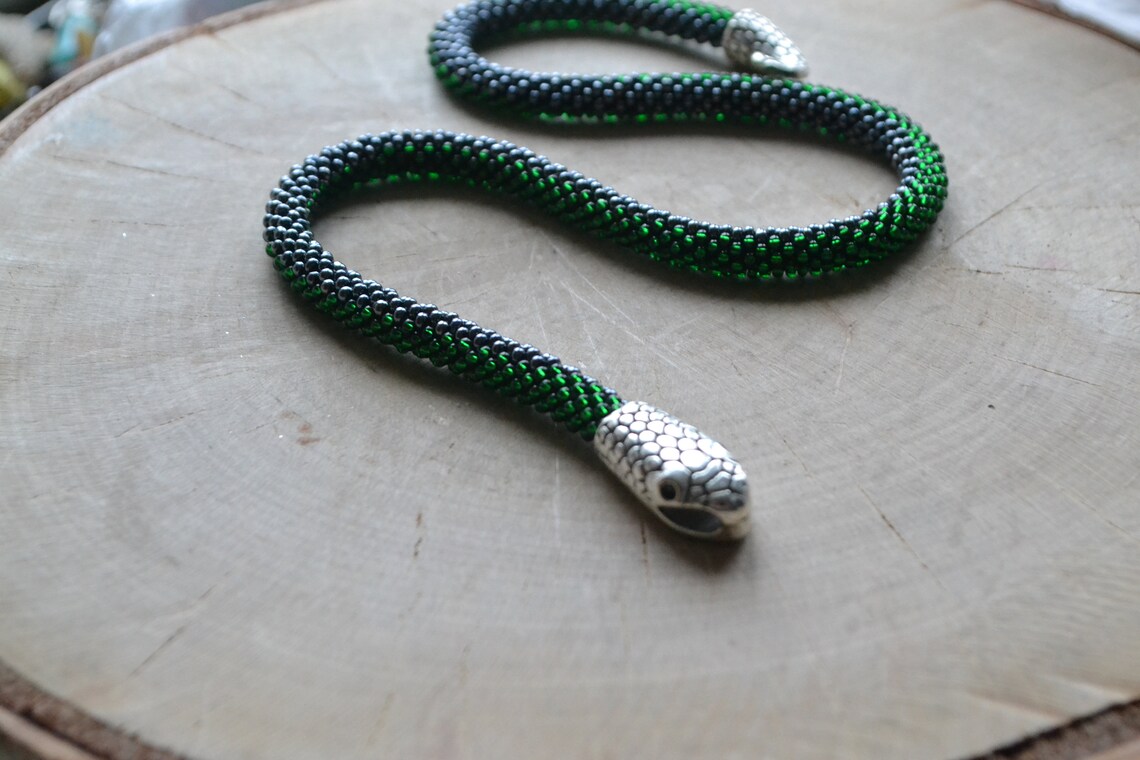 Beaded green snake head bracelet layering sparkling green and | Etsy