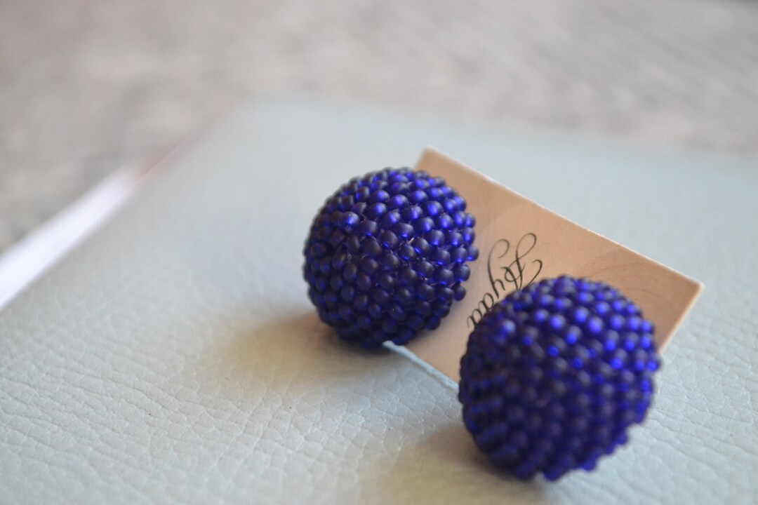Royal Blue Beaded Ball Stud Earrings, Blue Statement Circle Stud ...