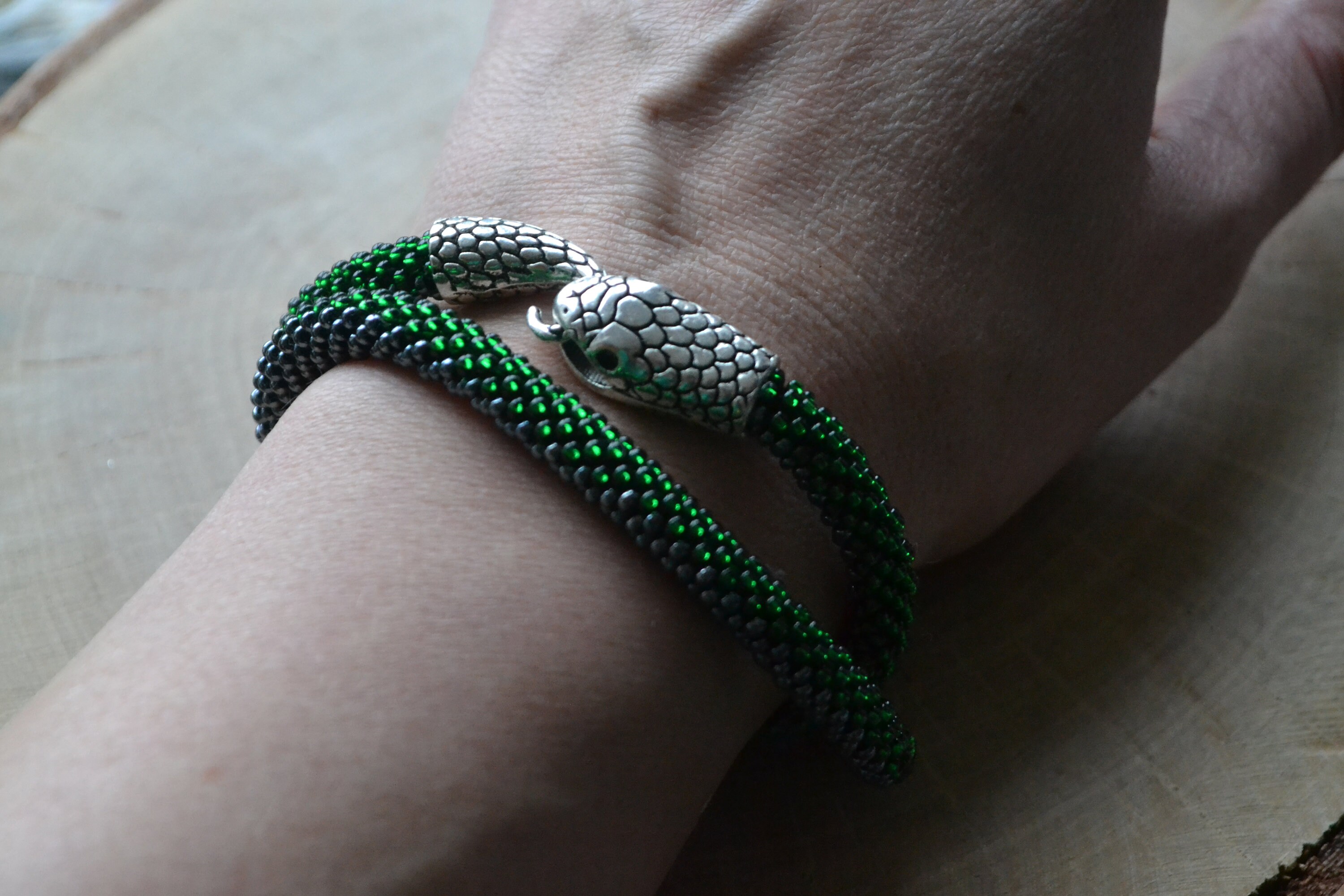 Beaded Green Snake Head Bracelet Layering Sparkling Green and | Etsy