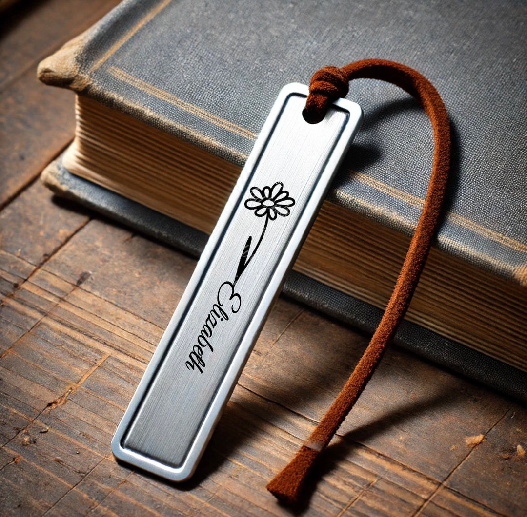 Personalized Metal Leather Bookmark, Long Stem Flower Name, Custom Name ...