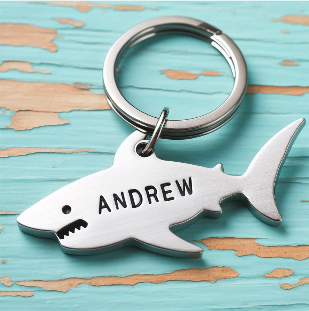 Personalized Shark Shape Keychain - Custom Engraved Name - Unique Ocean ...