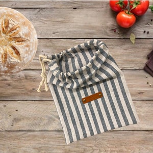 Personalized Linen Bread Bag, Blue White Wide Stripe Linen, Bread Bag ...