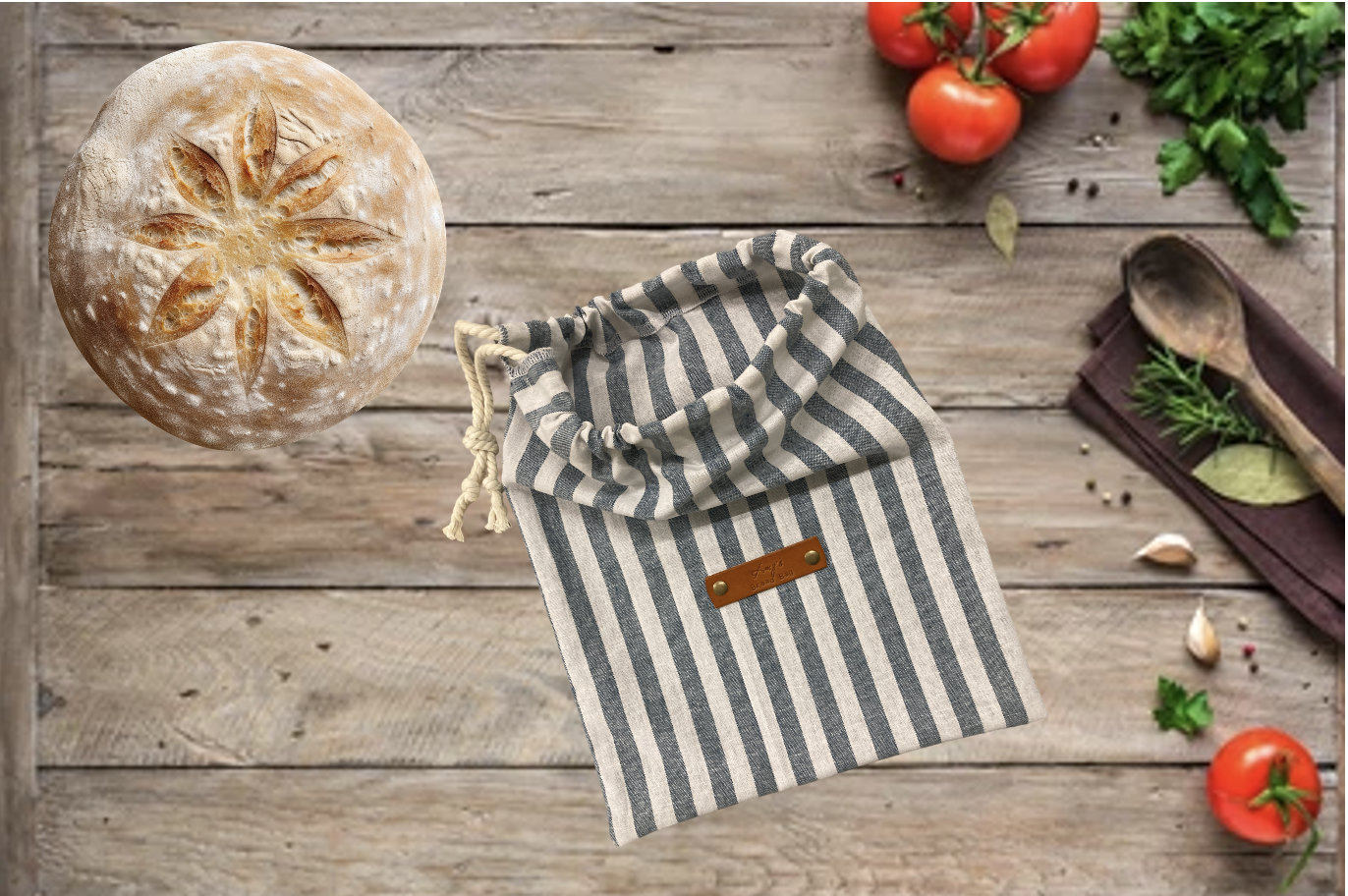 Personalized Linen Bread Bag, Blue White Wide Stripe Linen, Bread Bag ...