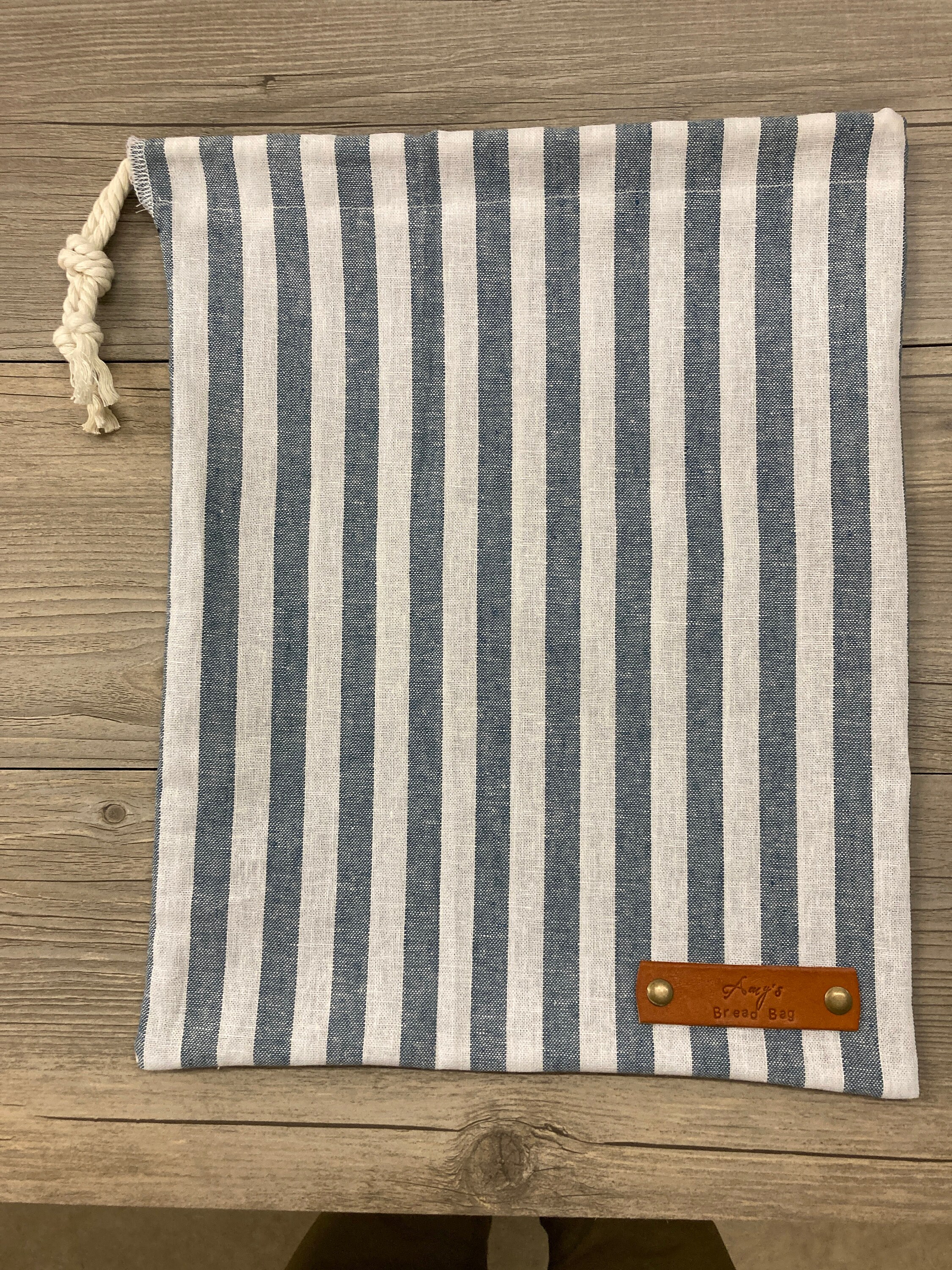 Personalized Linen Bread Bag, Blue White Wide Stripe Linen, Bread Bag ...