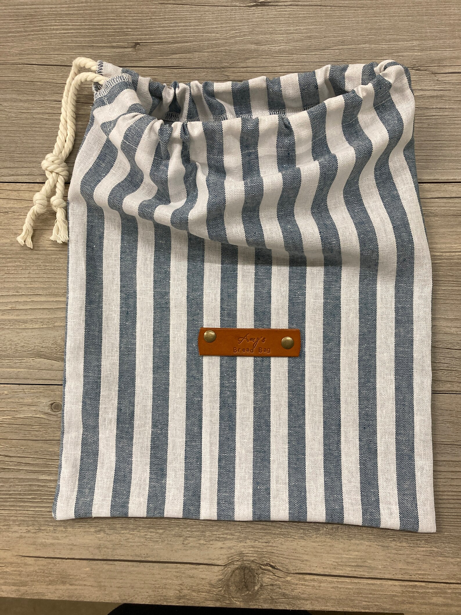 Personalized Linen Bread Bag, Blue White Wide Stripe Linen, Bread Bag ...
