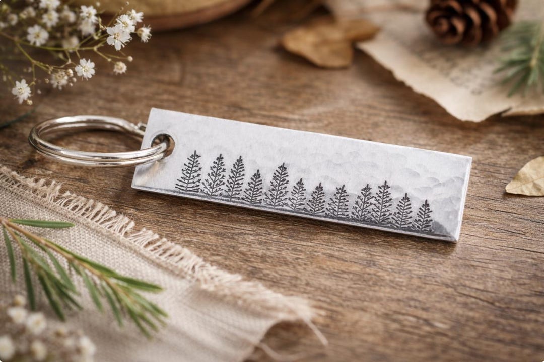 Forest Keychain, Tree Keychain, Nature Lover Gift, Rustic Metal Keyring ...
