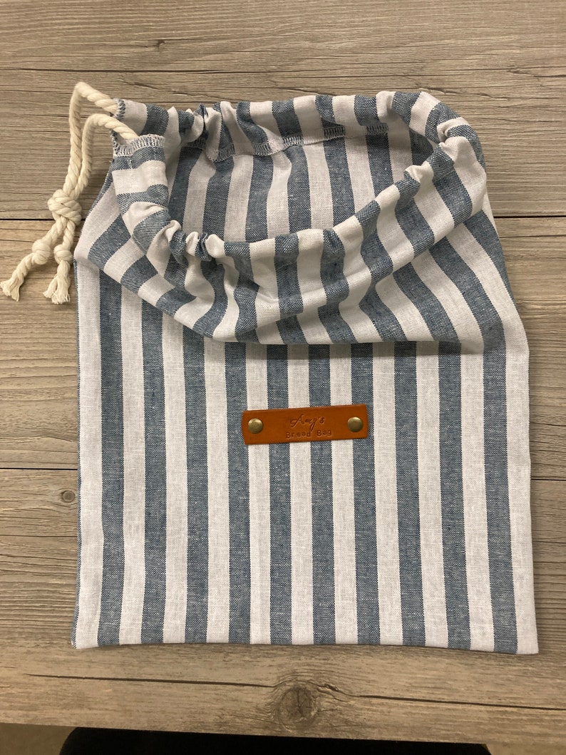 Personalized Linen Bread Bag, Blue White Wide Stripe Linen, Bread Bag ...