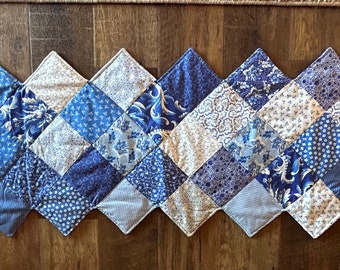 Quilted Blue Table Runner, Farmhouse Handmade Table Topper, Sofa Table ...