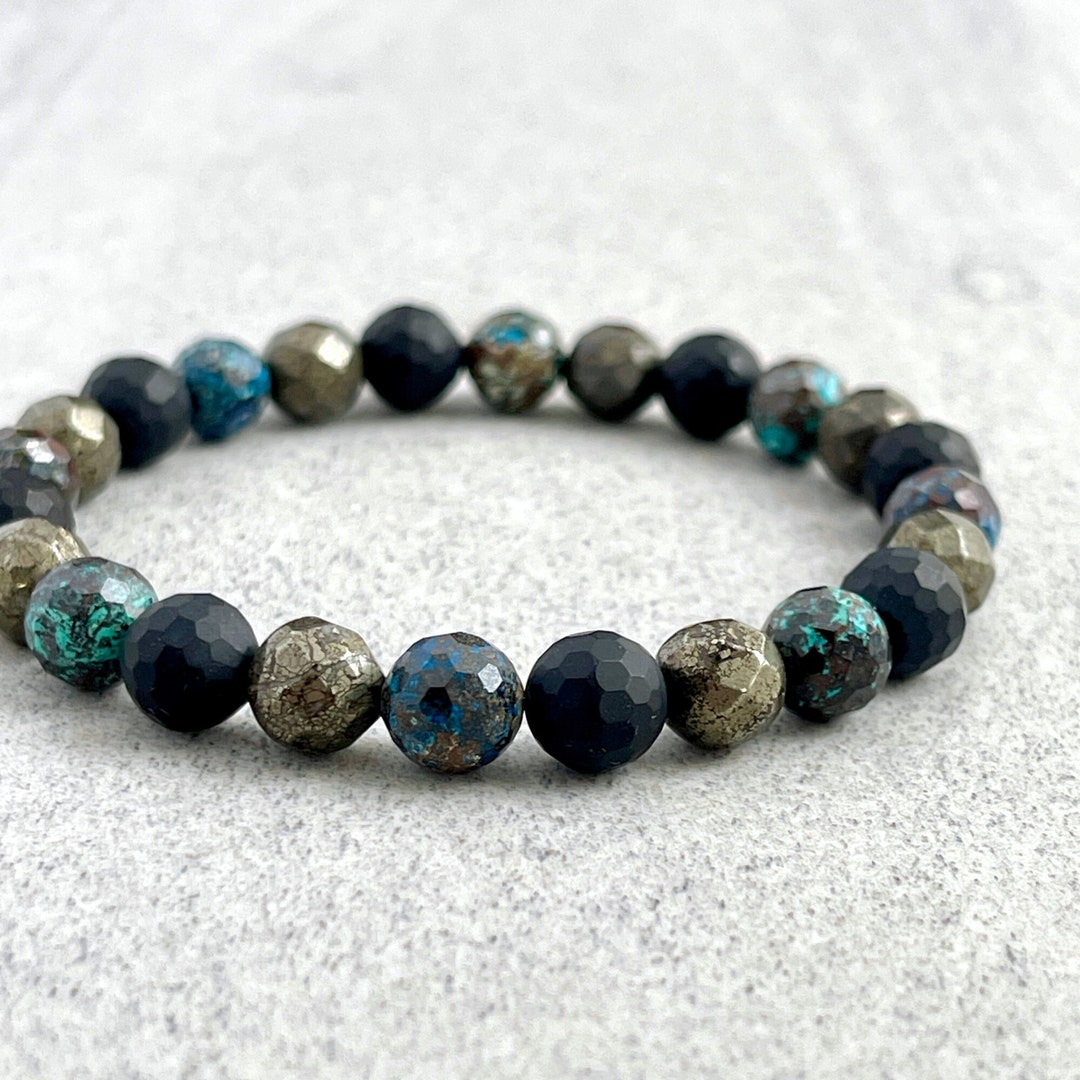 Faceted Azurite, Matte Onyx & Pyrite: Men's Gemstone Beaded Stretch ...