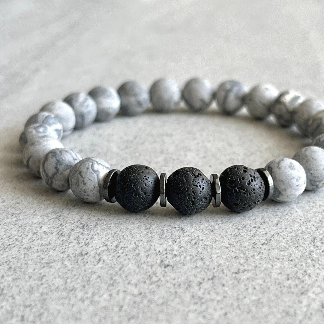 Map Jasper & Lava Stone Beaded Bracelet With Hematite Accents: Men's ...