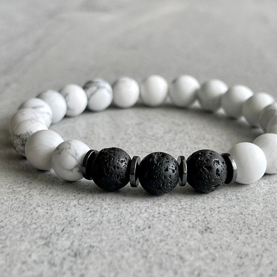 Matte White Howlite, Black Lava and Hematite Beaded Bracelet in 6mm ...