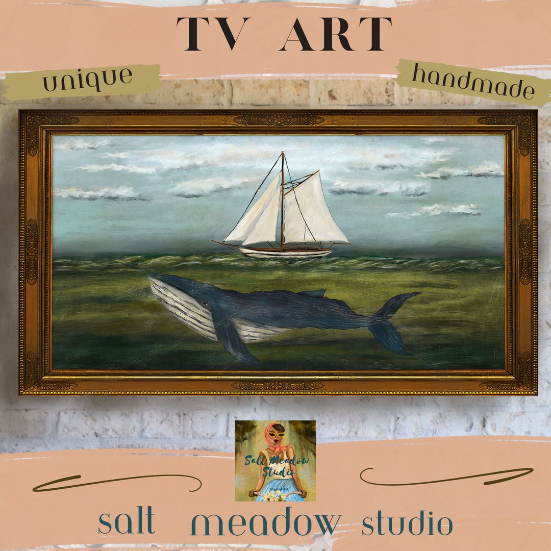 Whale & Sailboat Nautical Frame TV Art: Vintage Seascape (digital ...