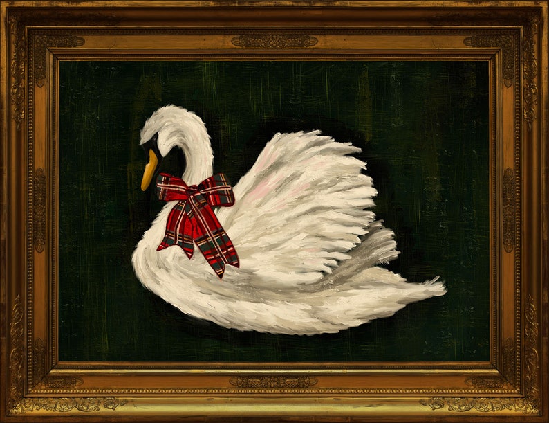 Christmas Swan Art Print: Red Plaid Bow (digital Download) - Etsy