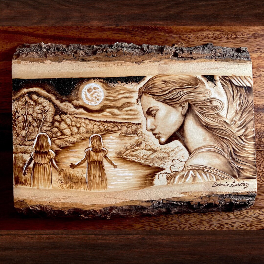 Guardian Angel Woodburning - 11 In. X 8 1/2 In. Basswood Art, Religious ...