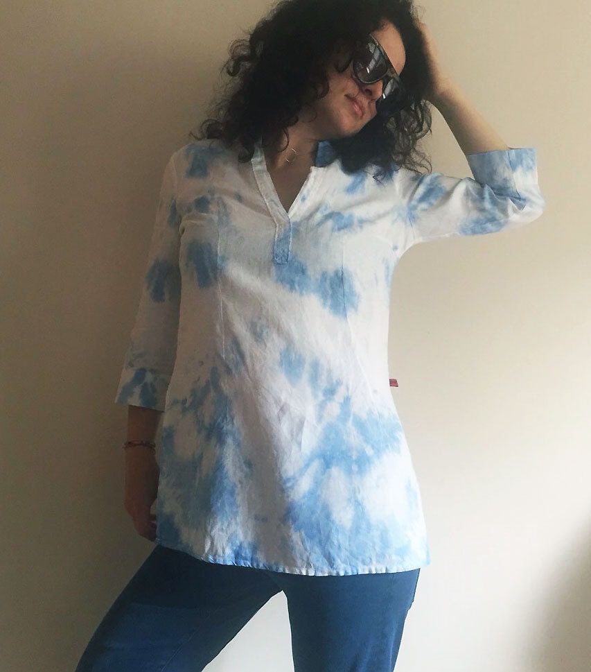 Turquoise Blue Tie Dye Shirt Hand Dyed Unique Womens Shirt Ombre Denim ...