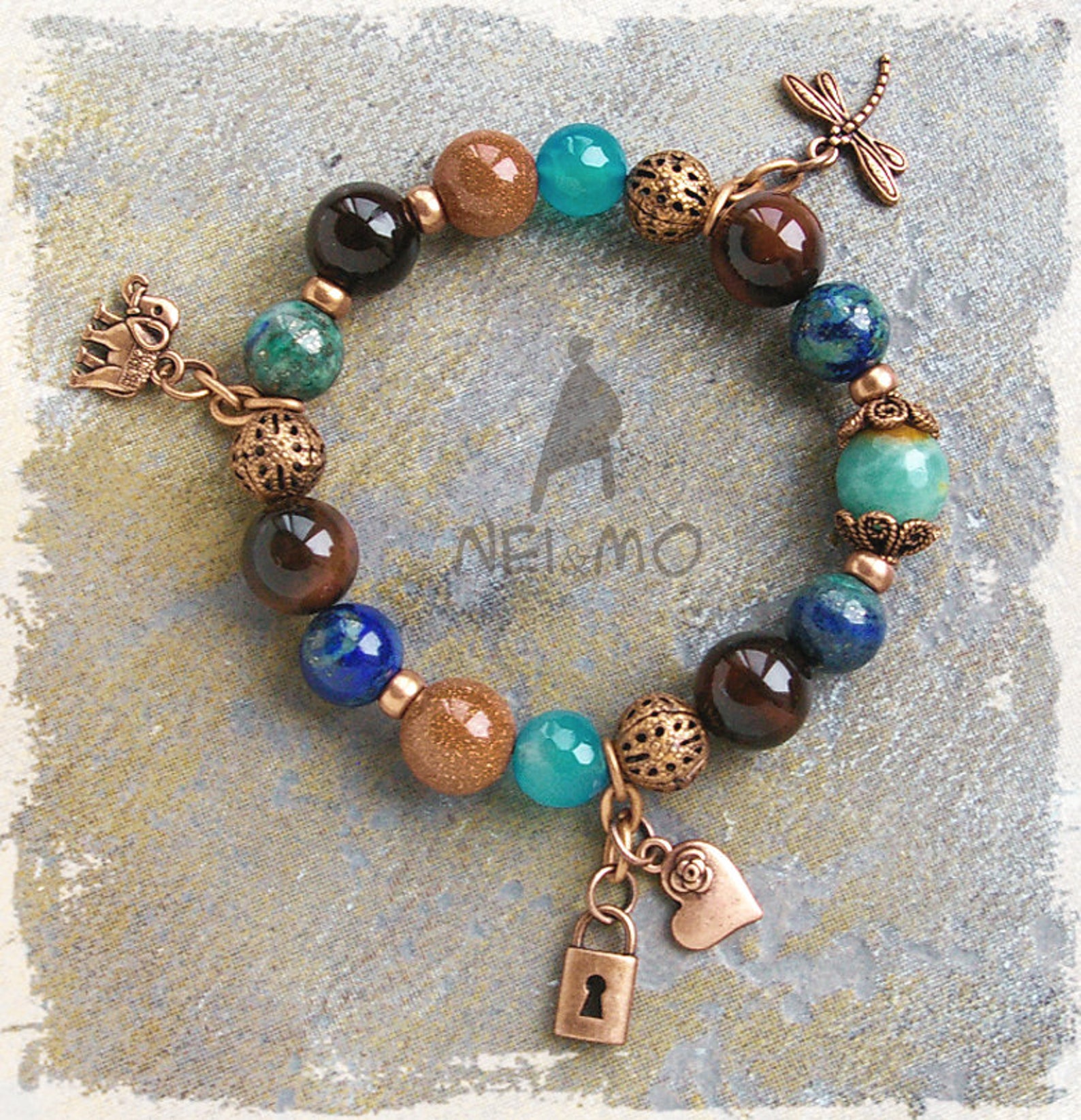 Mixed Gemstone Bohemian Glam Copper Rust Brown Blue Bracelet Elephant ...