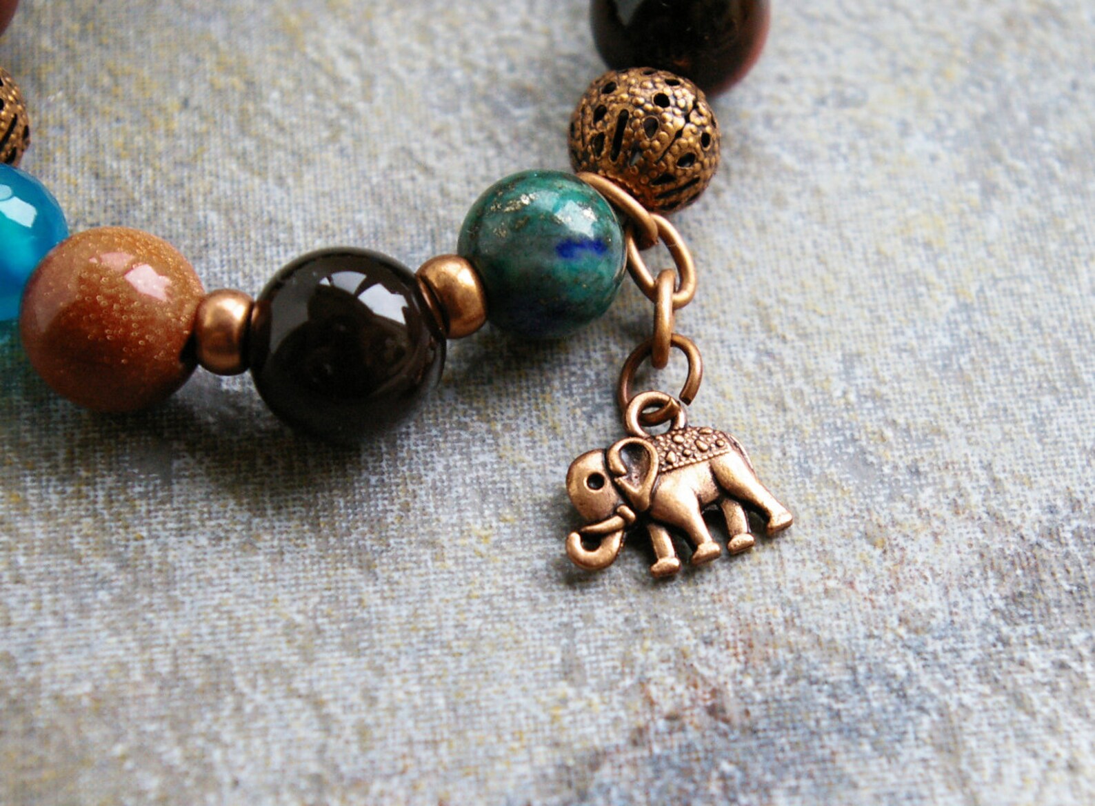Mixed Gemstone Bohemian Glam Copper Rust Brown Blue Bracelet Elephant ...