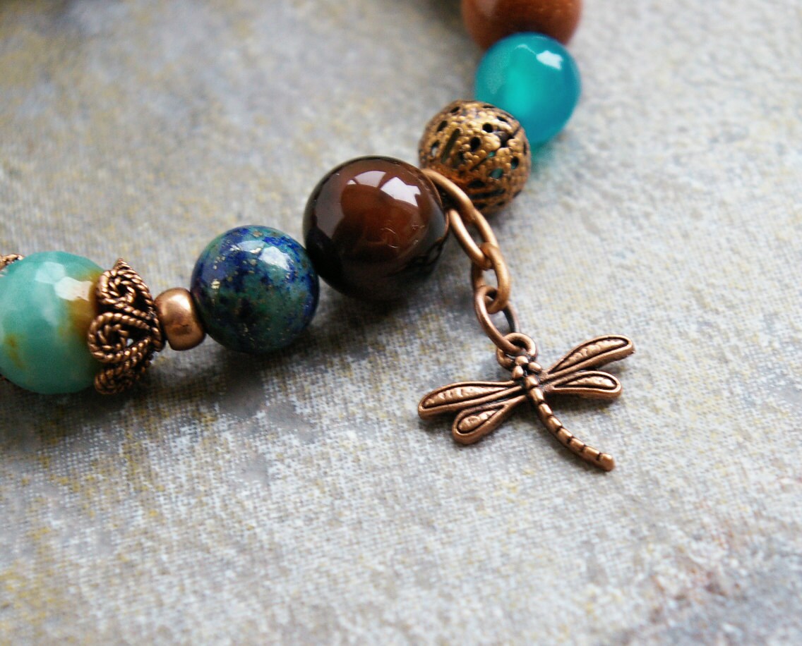 Mixed Gemstone Bohemian Glam Copper Rust Brown Blue Bracelet Elephant ...