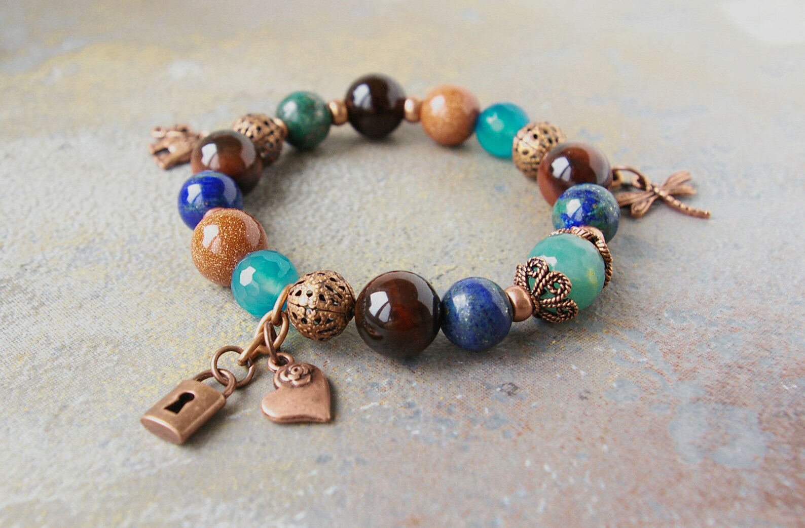 Mixed Gemstone Bohemian Glam Copper Rust Brown Blue Bracelet Elephant ...