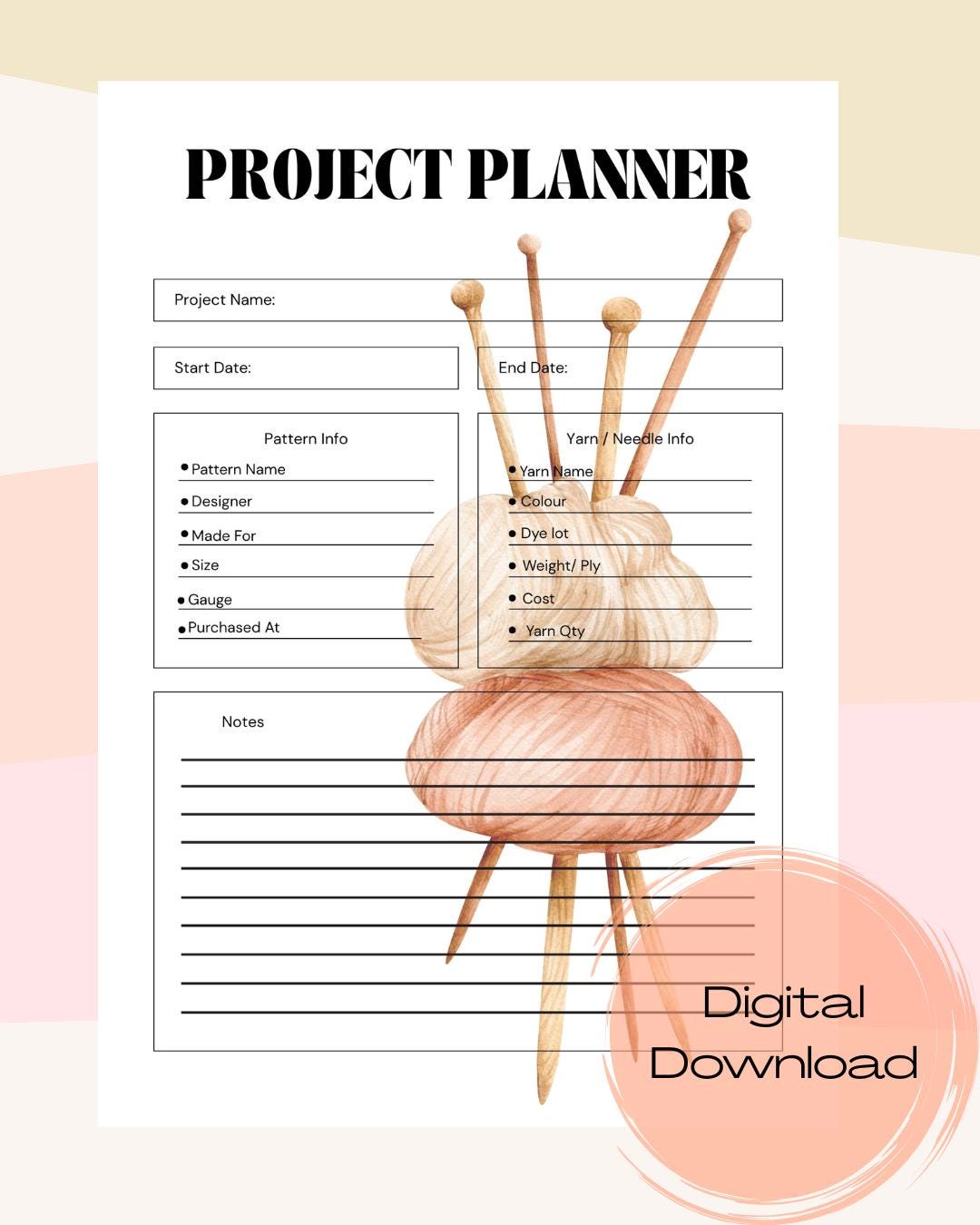 DIGITAL DOWNLOAD Knitting Crochet Project Planner, Knitting Project ...