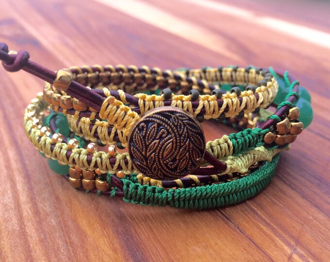 5 Wrap Boho Leather Wrap Bracelet Green Aventurine & Gold - Etsy