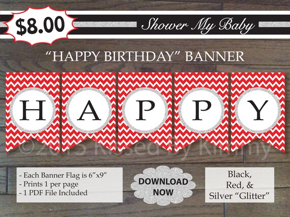 Black Red & Silver HAPPY BIRTHDAY Banner 75% Off Printable | Etsy