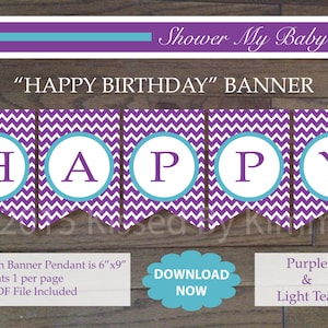 Purple & Teal HAPPY BIRTHDAY Banner - Printable Birthday Banner- Purple ...