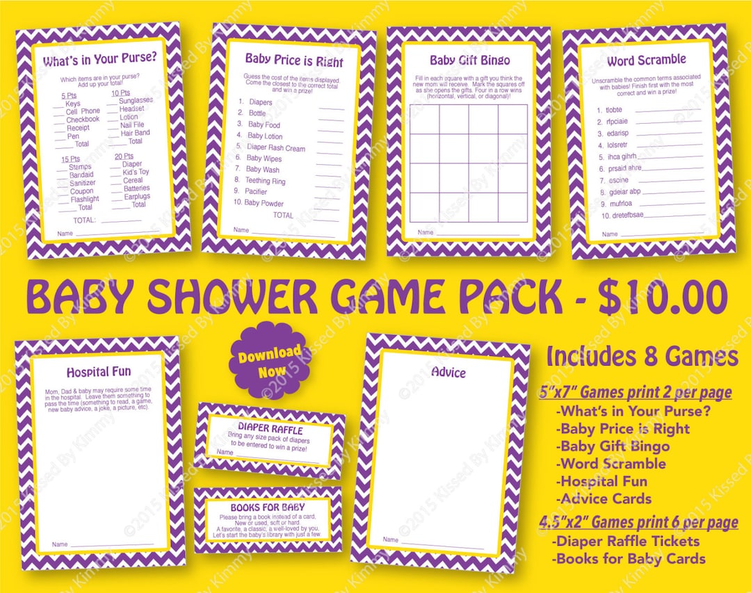 Purple Yellow Baby Shower Game Pack - 70% off SALE - PRINTABLE Purple ...